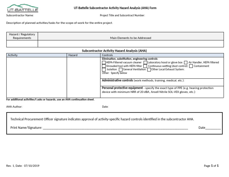 AHA TEMP - WO QHSP UT Battelle Subcontractor Activity Hazard Analysis ...