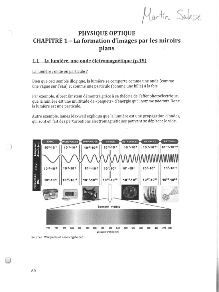 Notes de Cours Chapitre 1 Optique (Complétées) | PDF