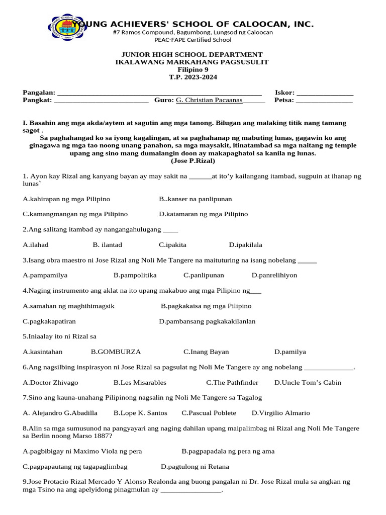 PT-filipino 9 - Q4 | PDF