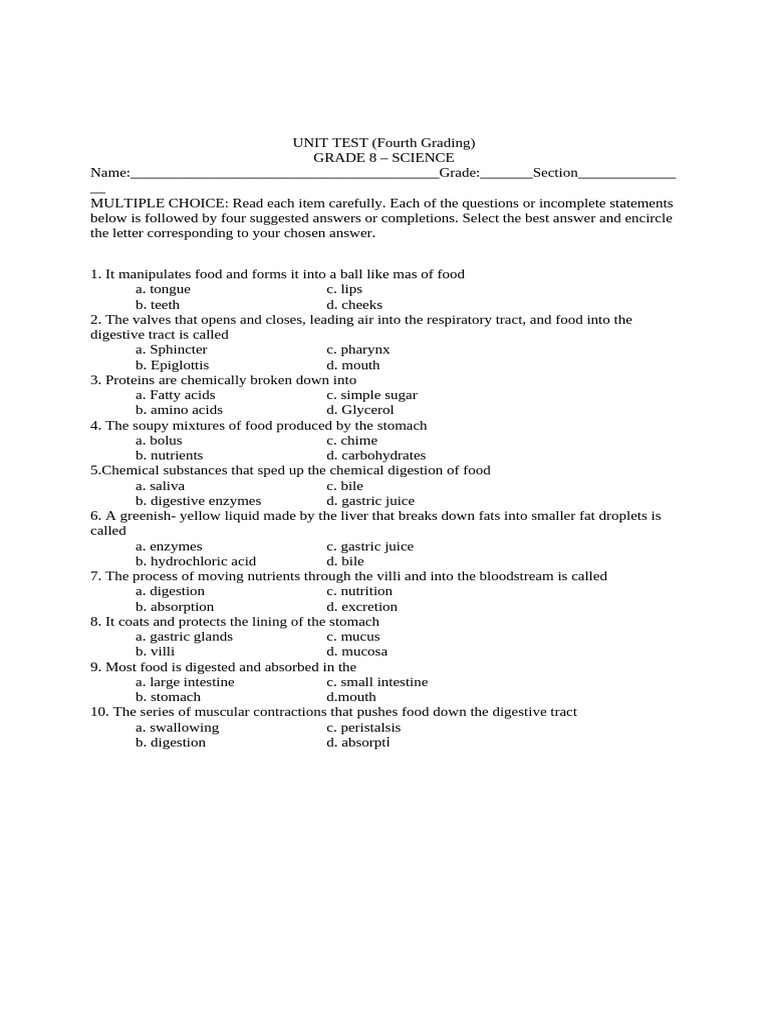 Unit Test 8 4th Grading | PDF