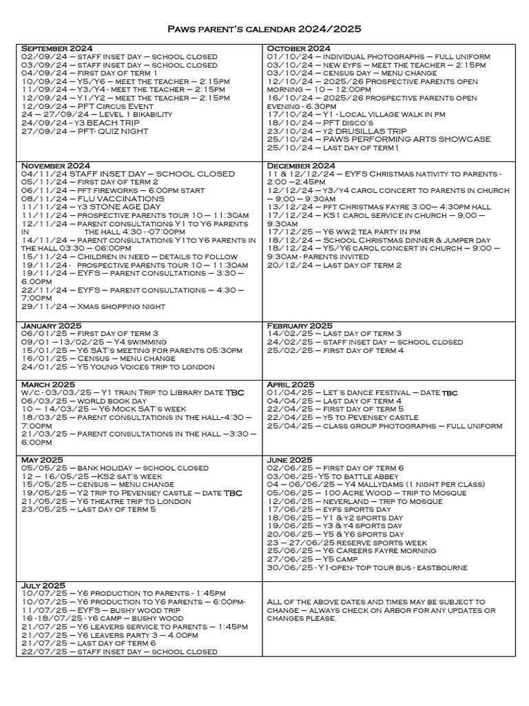 Parent Calendar 2024 2025 | PDF