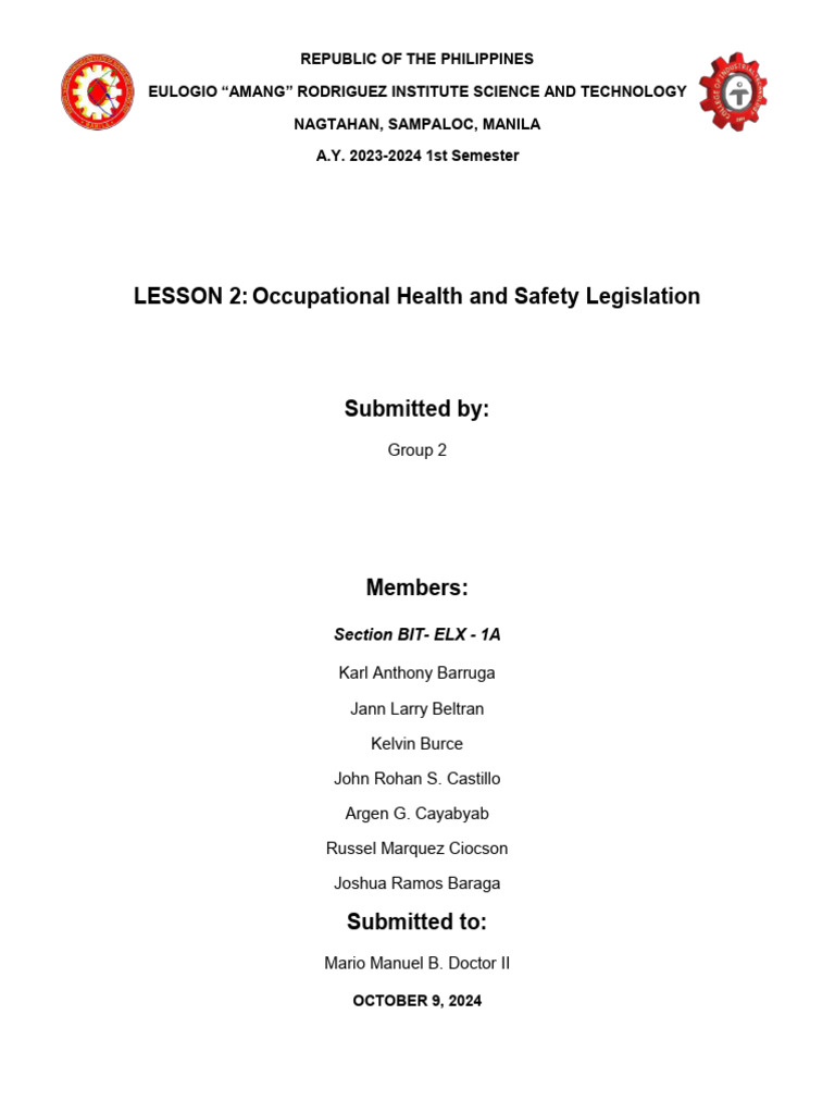 PCOCUSAFE Group 2 OSH LEGISLATION | PDF | Occupational Safety And Health | Employment