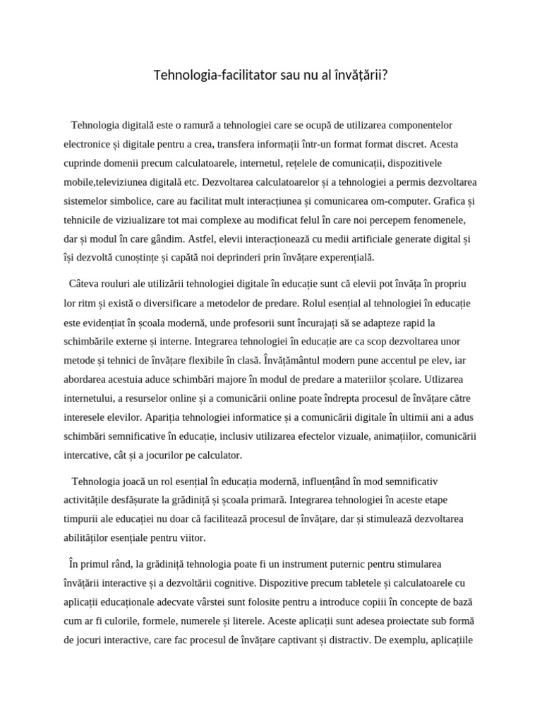 Rolul Tehnologiei Digitale În Educație | PDF