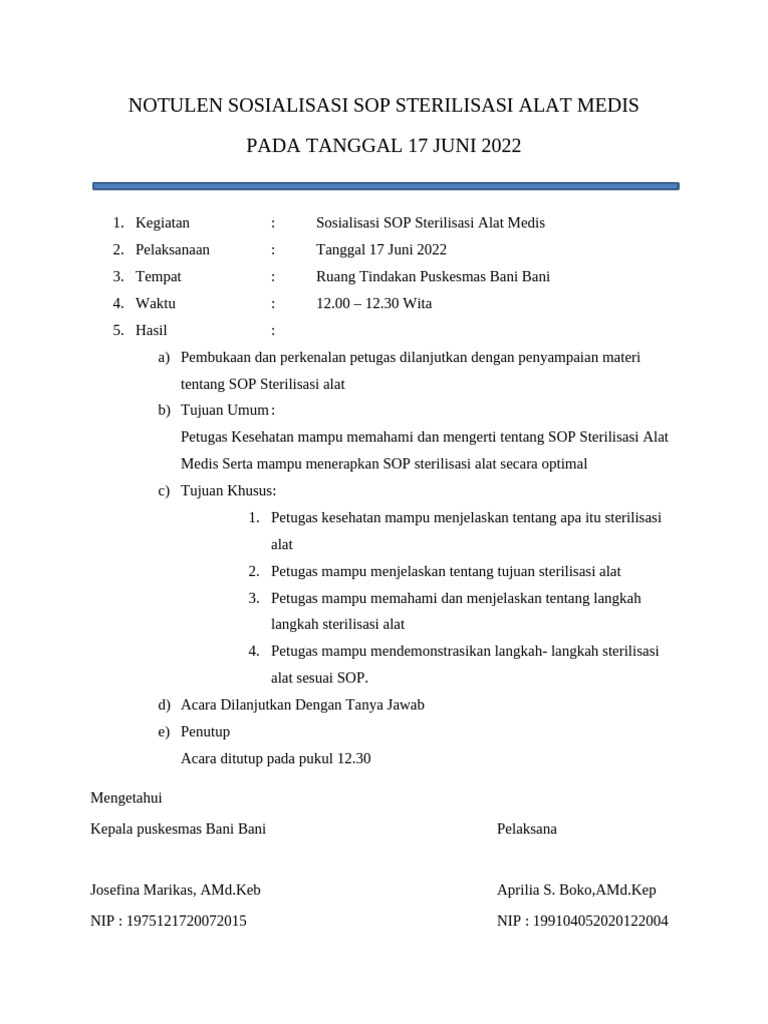 Notulen Sosialisasi Sop Sterilisasi Alat Medis | PDF
