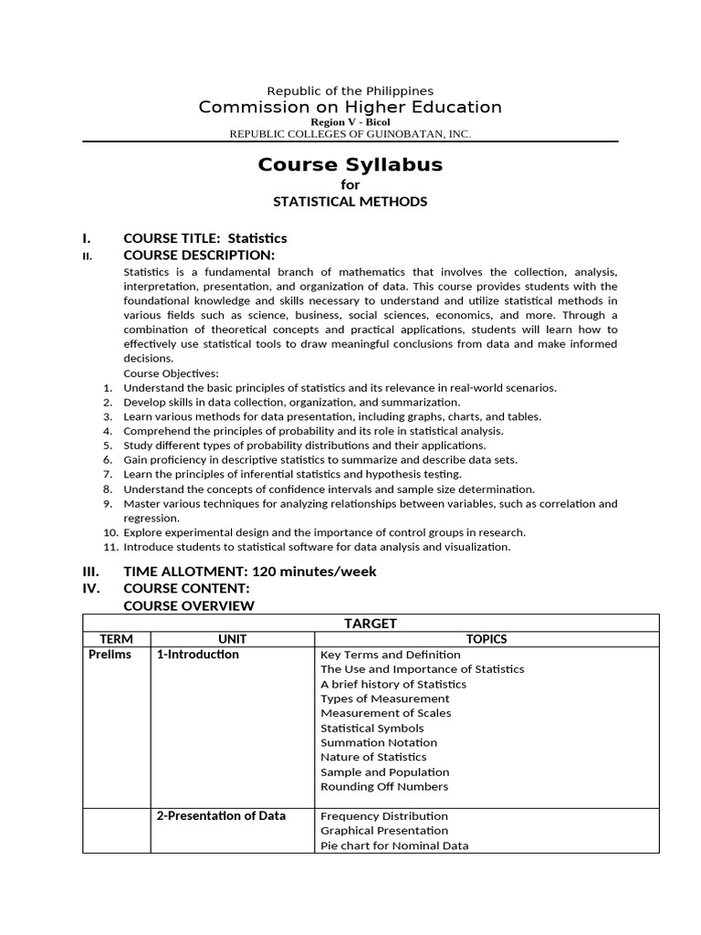 1course Syllabus in Stat Second Sem | PDF