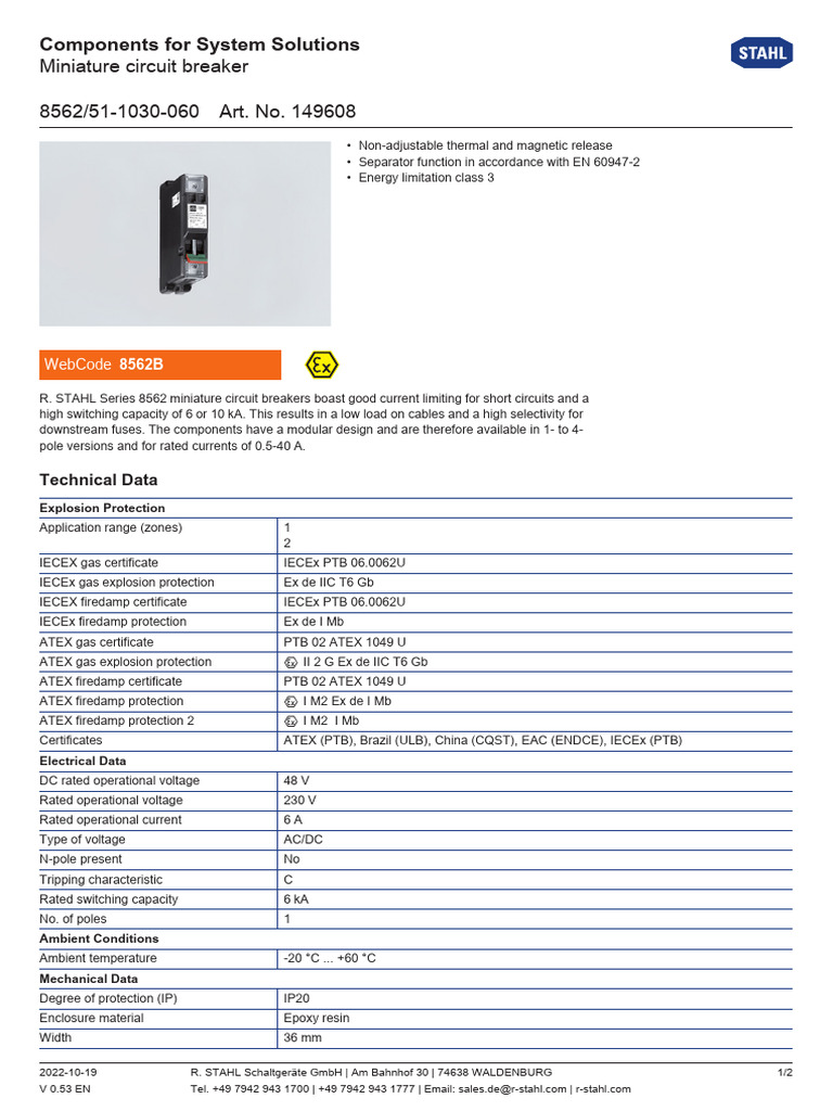 Ex Single Data Sheet Miniature Circuit Breaker 8562-51-1030 060 149608 ...