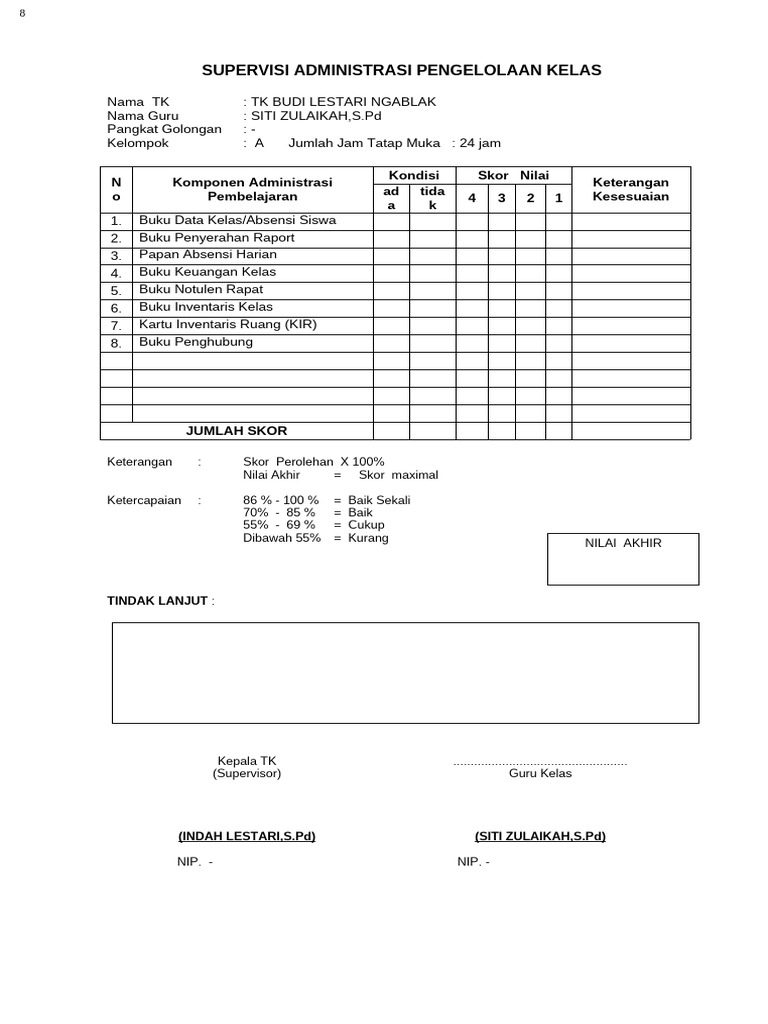 Instrumen Supervisi Administrasi Kelas | PDF
