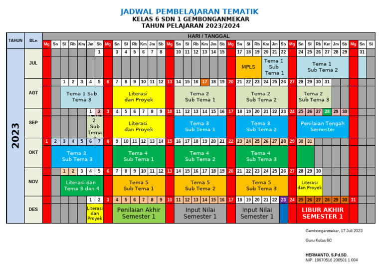 Jadwal Pelajaran Tematik Kelas 6 Smt 1 Pdf