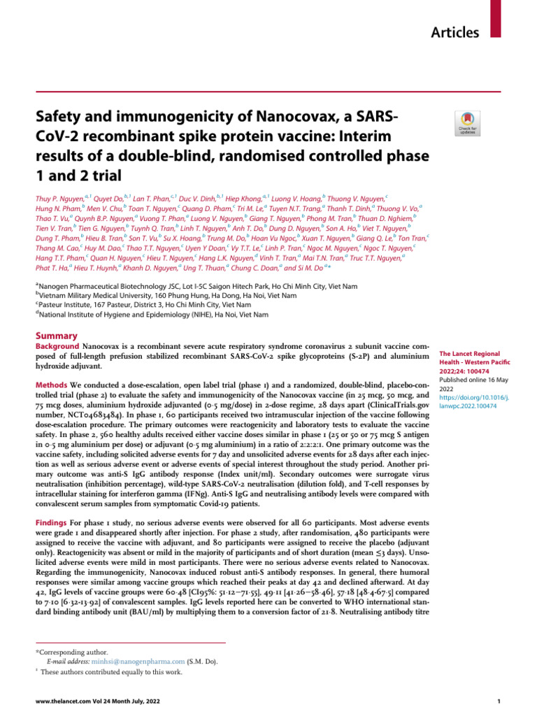 Nanocovax Vaccine: Safety and Immunogenicity | PDF | Clinical Medicine ...
