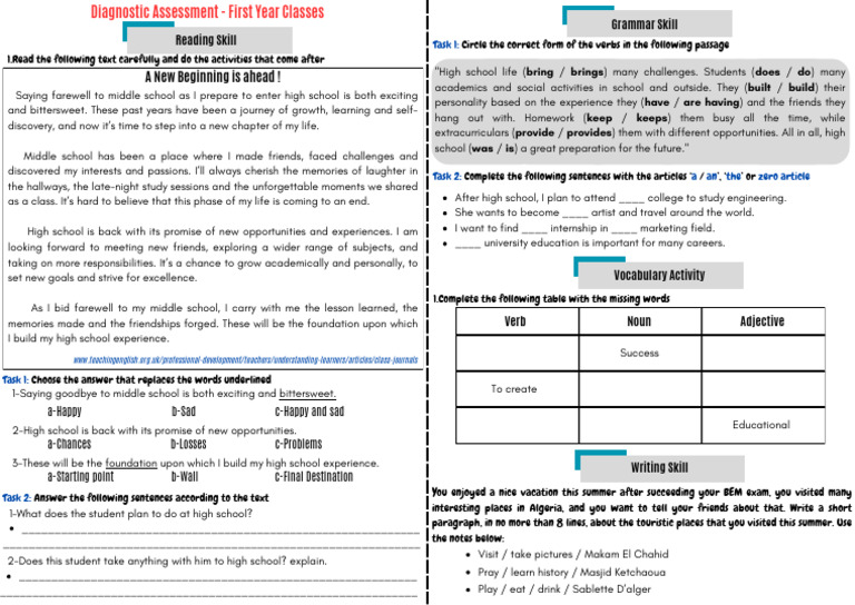 First Year Diagnostic Assessment | PDF | Language Mechanics | Career ...