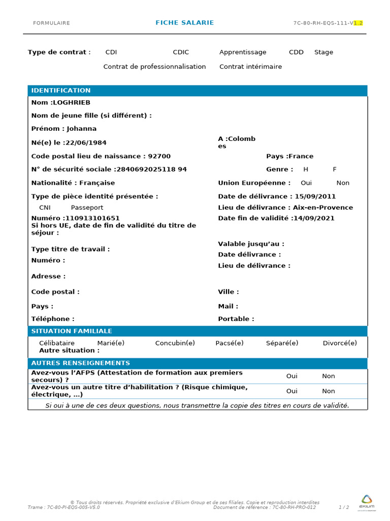 7C 80 RH EQS 111 Fiche Salarié v1.2 | PDF