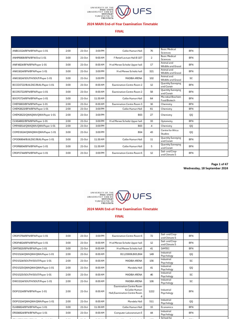 2024 Main End of Year Examination Timetable Final Amended HSC 18 Sept ...
