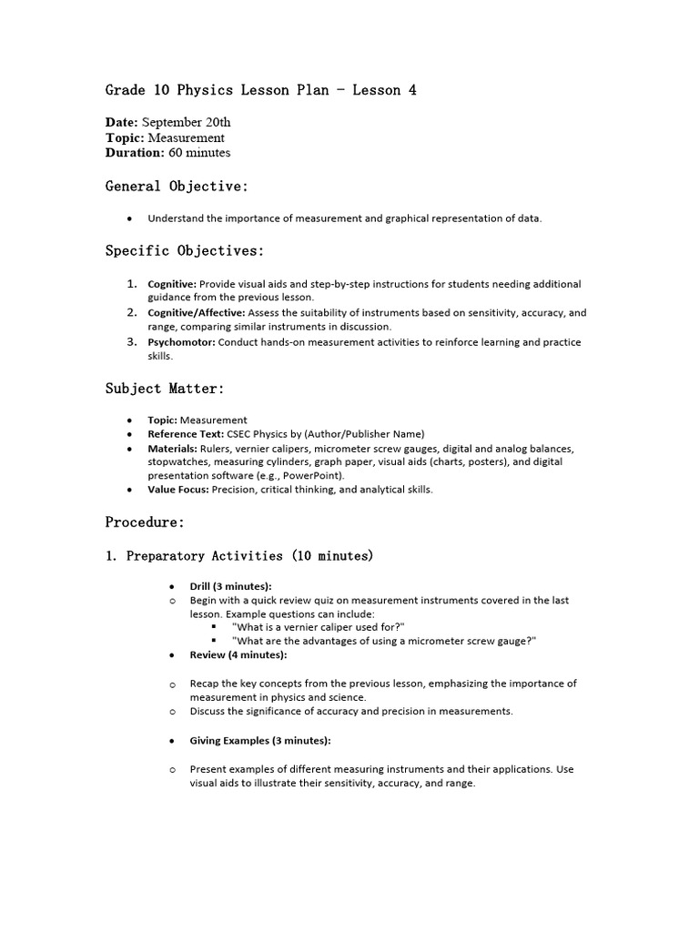 Grade 10 Physics Lesson Plan - Lesson 4 | PDF