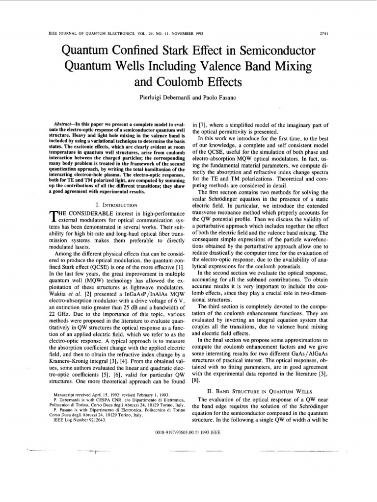 1993 Quantum Confined Stark Effect in Semiconductor Quantum Wells ...