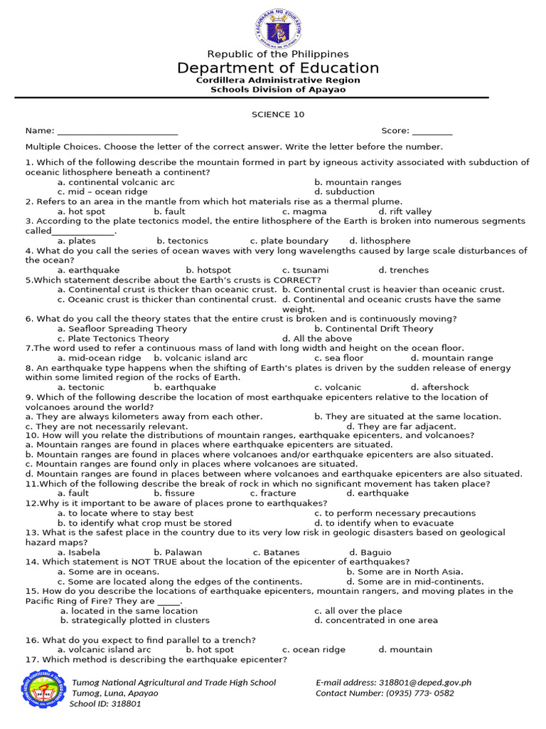 Science 10 TQ 1ST Quarter | PDF
