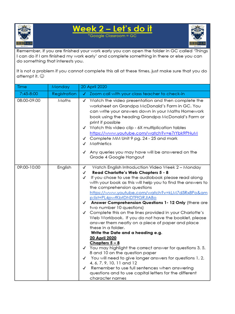 Week 2 - Daily Plan Grade 4 | PDF
