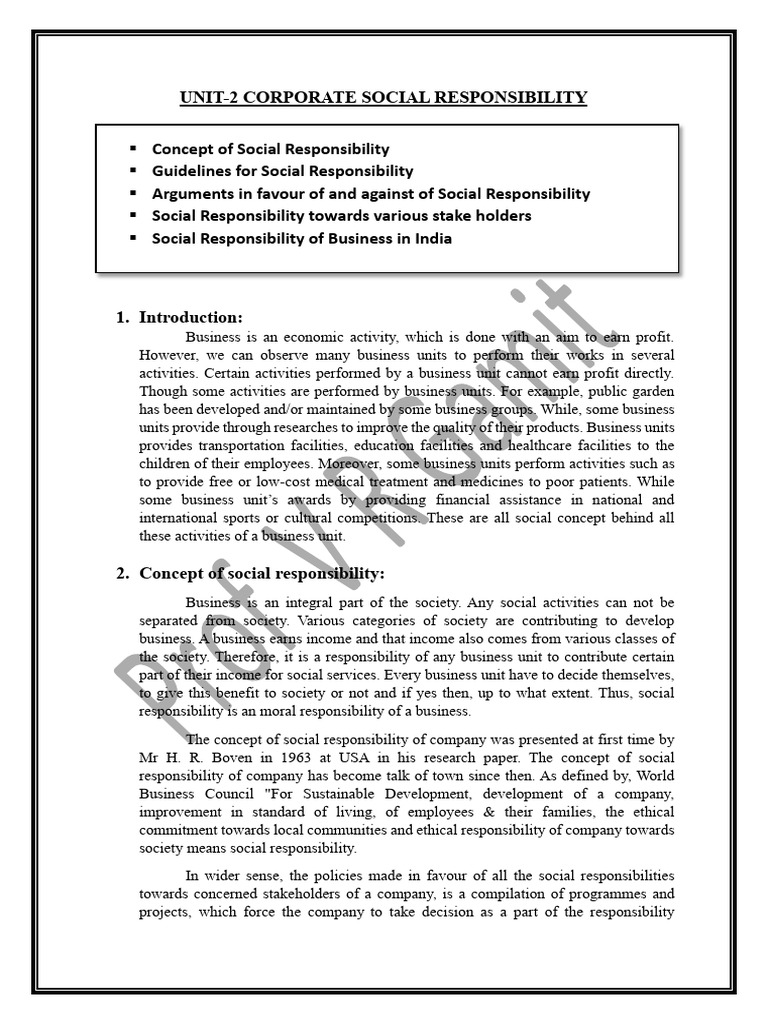 Unit-2 Corporate Social Responsibilities - (CSR) | PDF