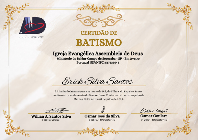 Certificado Batismo Erick | PDF