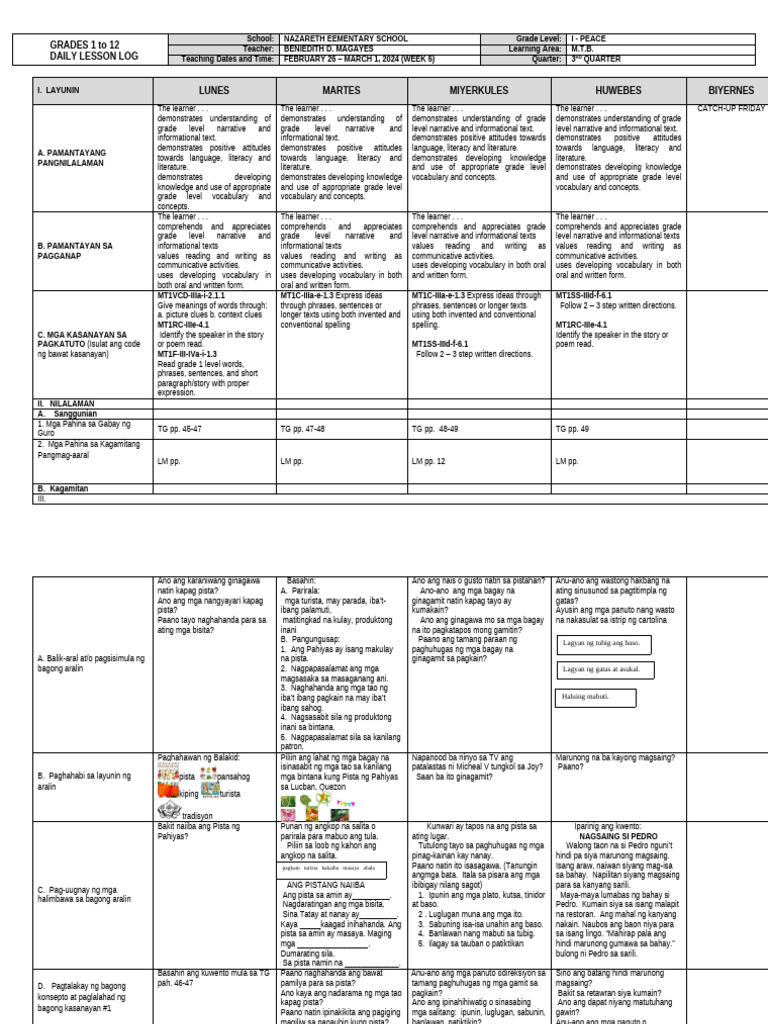 DLL MTB-1 Q3 W5 | PDF | Literacy | Foreign Language Studies