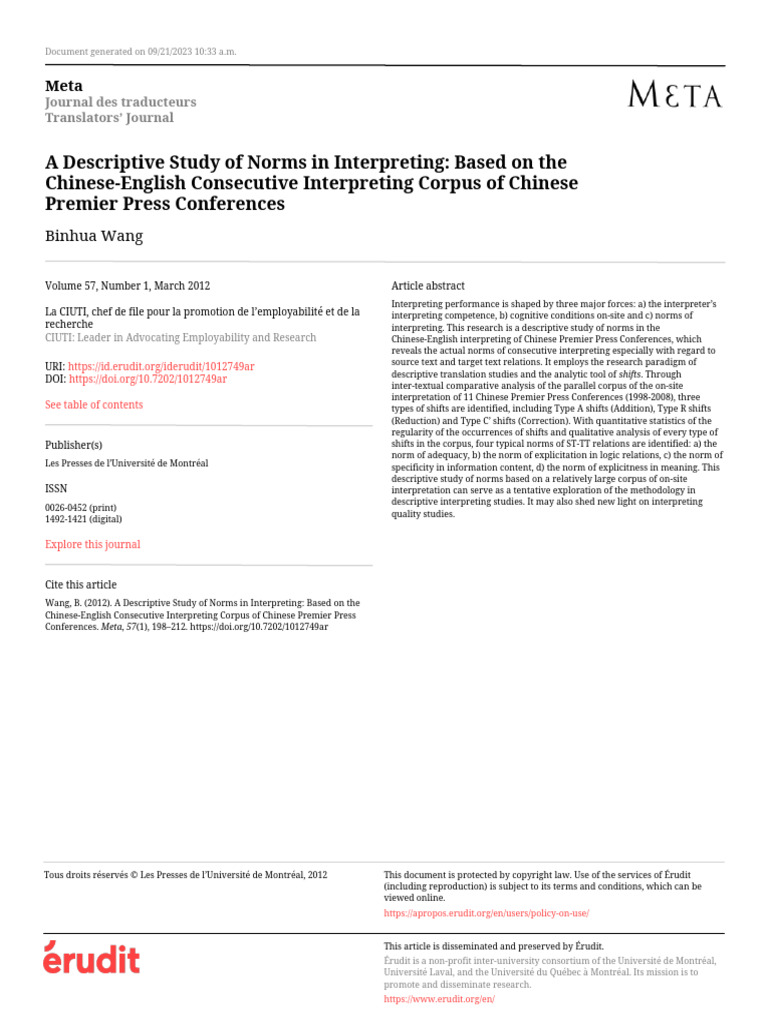 A Descriptive Study of Norms in Interpreting | PDF