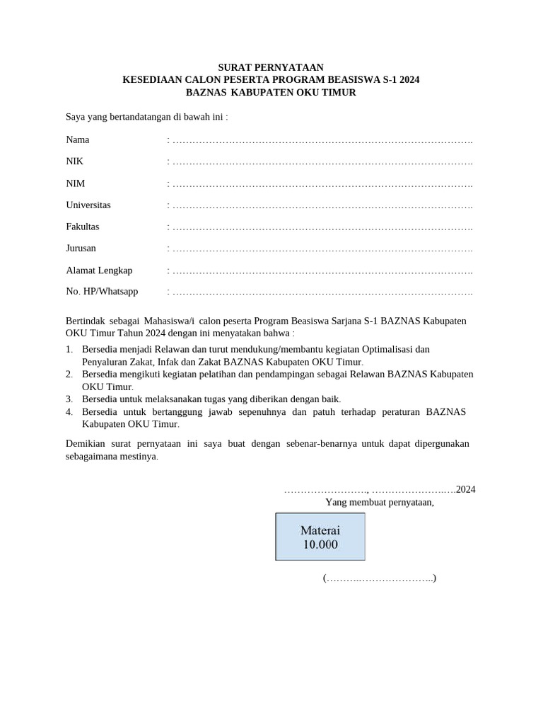 Surat Pernyataan Relawan BAZNAS 2024-1 | PDF