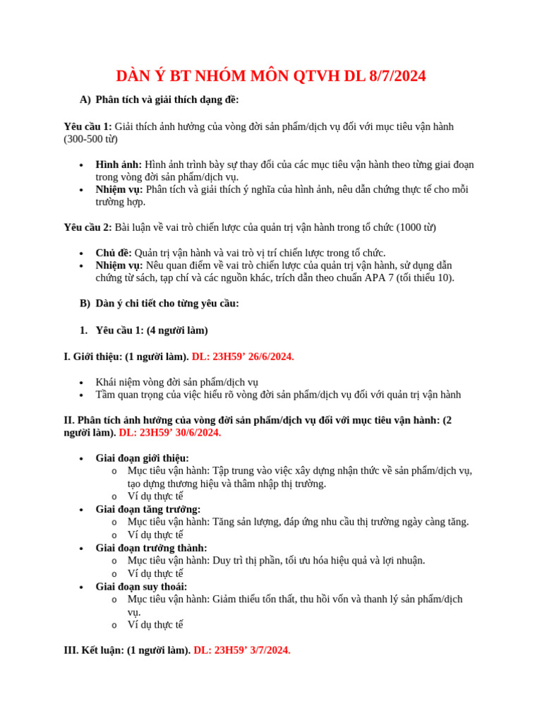 Dàn Ý BT Nhóm Môn QTVH | PDF