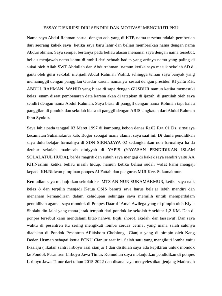 Essay Tentang Diri Sendiri Dan Motivasi Mengikuti Pku | PDF