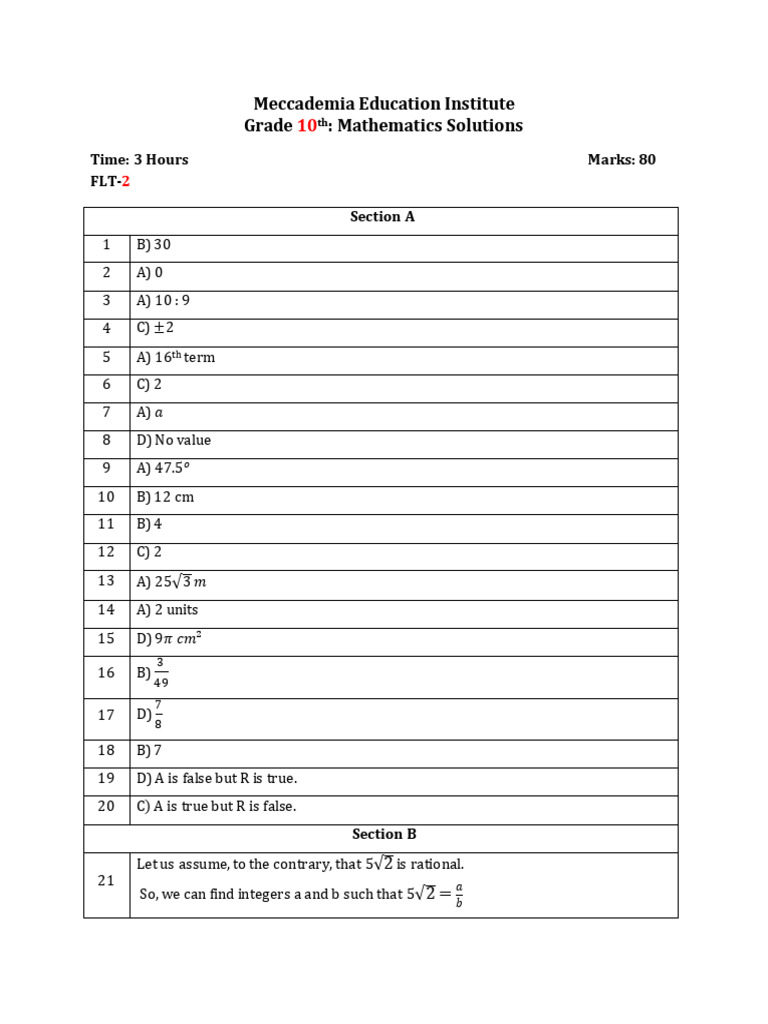 Maths Gr 10 FLT 2 Solutions | PDF