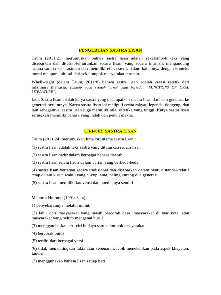 Pengertian Sastra Lisan | PDF