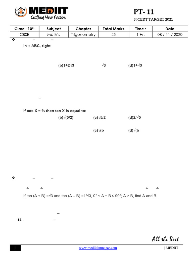 10th PT - 11 Math's | PDF