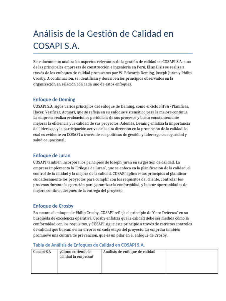 Analisis Gestion Calidad COSAPI Actualizado | PDF