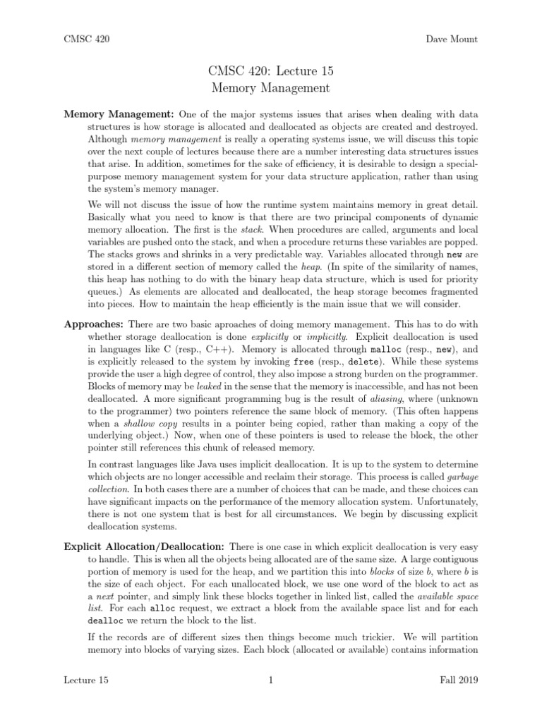 CMSC 420 Lecture 15 Memory Management | PDF CMSC 420 Lecture 15 Memory Management | PDF