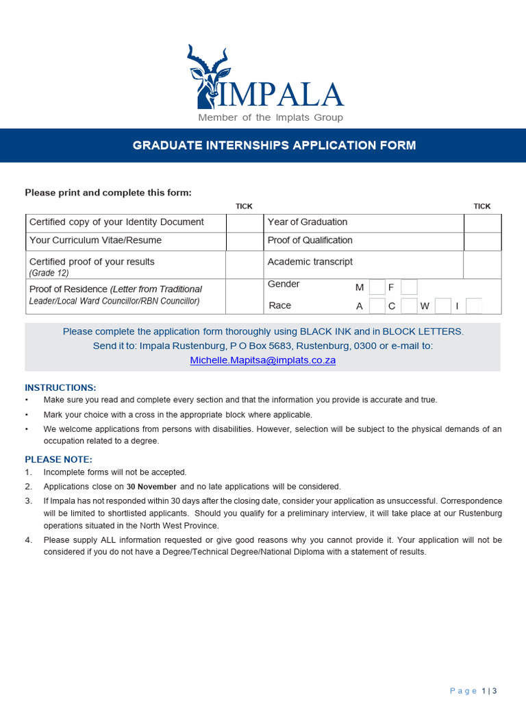 Graduate Internship Application Form | PDF