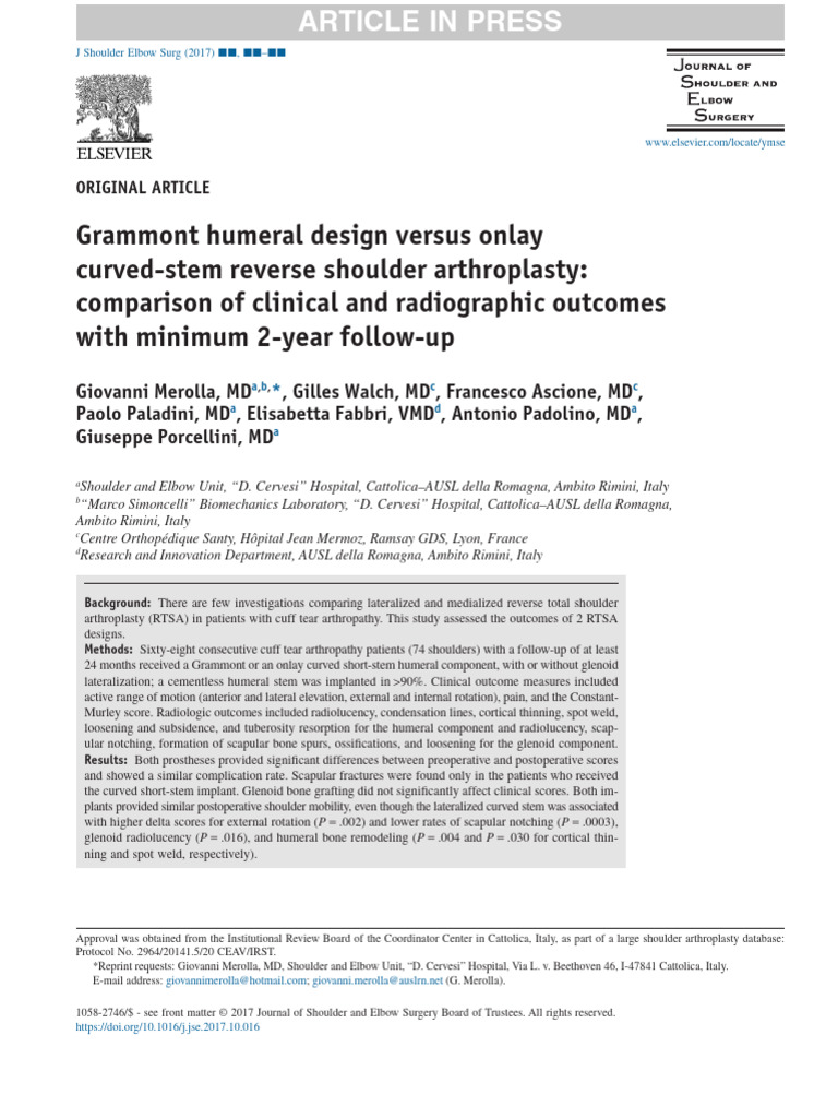 Grammont vs Onlay Shoulder Arthroplasty Outcomes | PDF | Shoulder ...