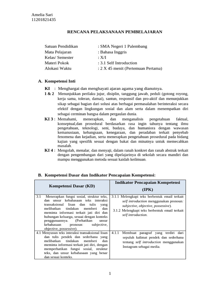 New Amelia Sari RPP KD 3.1 Self Intro 1ST Meeting | PDF