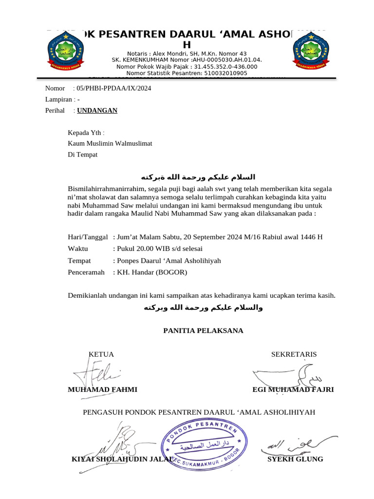 Surat Undangan Muludan Wali Santri | PDF