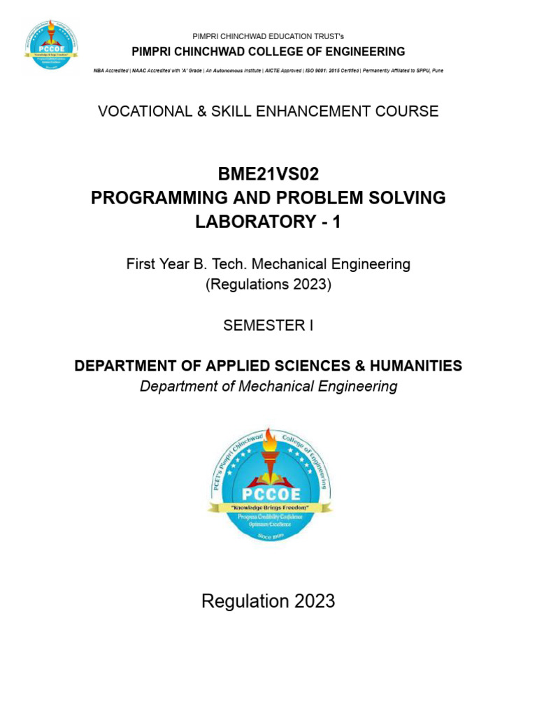 BME21VS02 Programming and Problem Solving Laboratory - 1: Vocational & Skill Enhancement Course ...