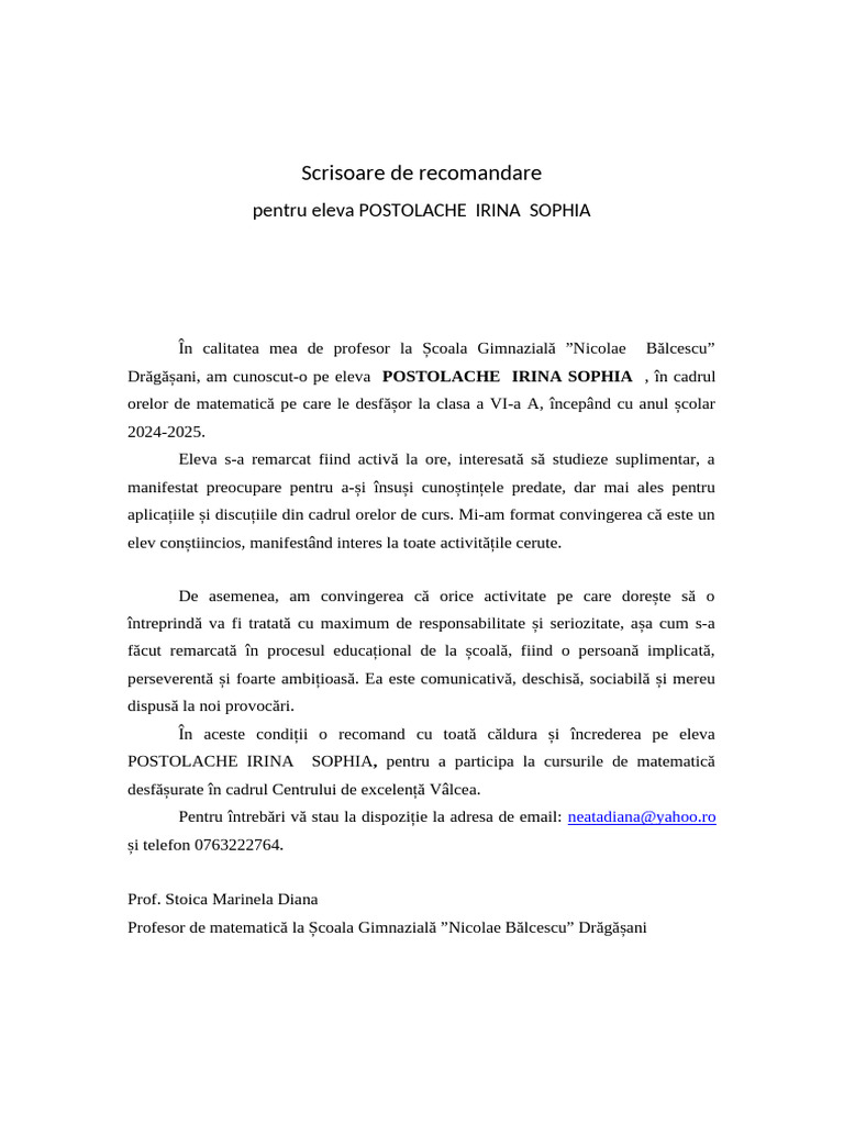 Scrisoare de Recomandare PT Centru de Excelenta - Irina, Edi, Luca | PDF