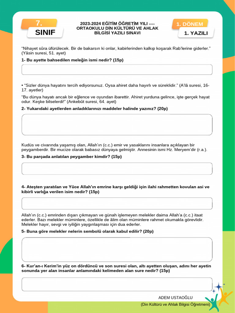 Din-Kulturu-ve-Ahlak-Bilgisi-7.-Sinif-1.-Donem-1.-Yazili-6-Soruluk 2 | PDF