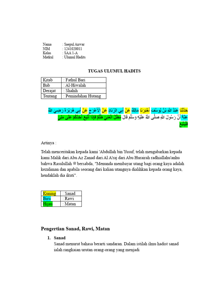 Ulumul Hadits (Mencari Hadits Lengkap) Tugas - Saepul Anwar Saa 1-A | PDF | Hadith | Islamic Texts