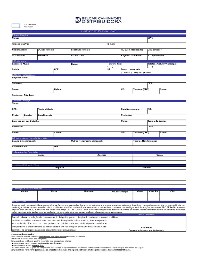Ficha de Cadastro PF - Distribuidora Lubrificantes e Pneus | PDF