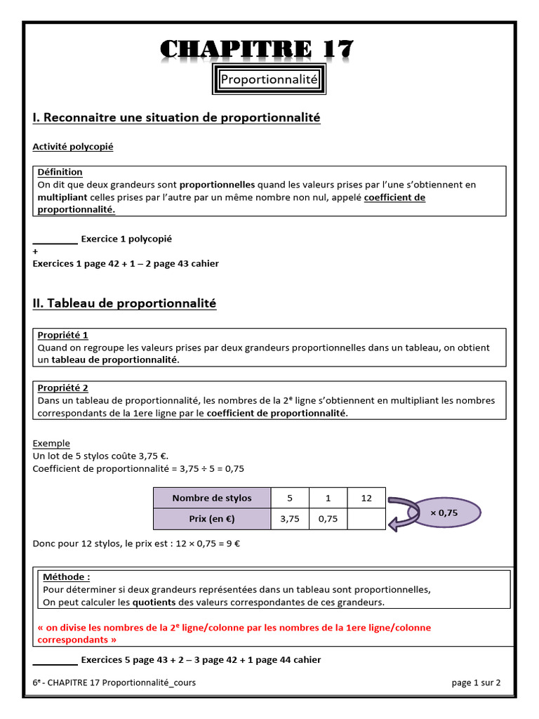 Chapitre 17 Proportionnalite Cours | PDF