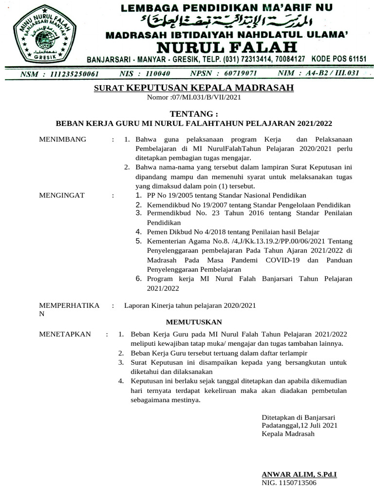 SK Beban Mengajar 2021-2022 | PDF