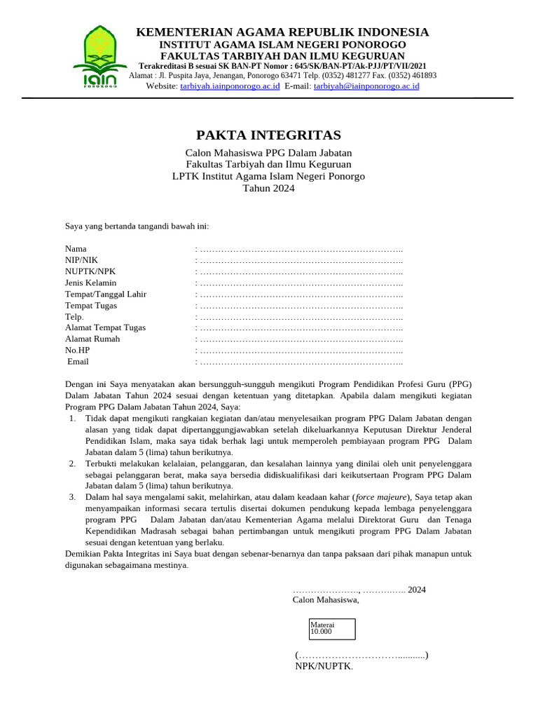 Pakta Integritas PPG Gel.2 IAIN Ponorogo 2024 | PDF