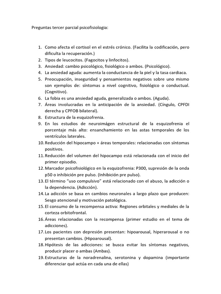 Preguntas Tercer Parcial Psicofisiologia | PDF