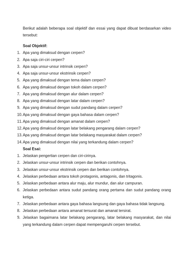 Berikut Adalah Beberapa Soal Objektif Dan Essai Yang Dapat Dibuat Berdasarkan Video Tersebut | PDF