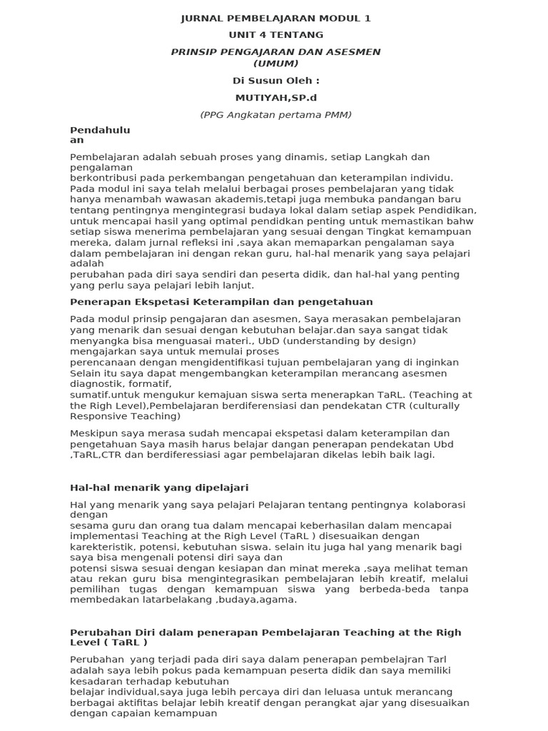 Jurnal Pembelajaranku Modul 1 PRINSIP PENGAJARAN DAN ASESMEN UMUM (Mutiyah) | PDF