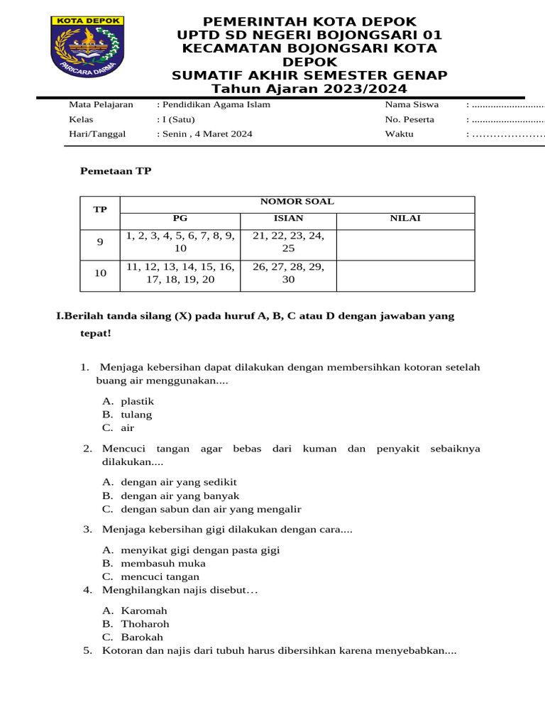 Soal SAS Kelas 1 2024 | PDF