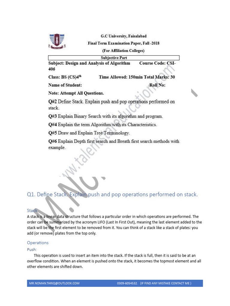 DAA Pastpaper Solve by M.Noman Tariq | PDF | Applied Mathematics | Algorithms