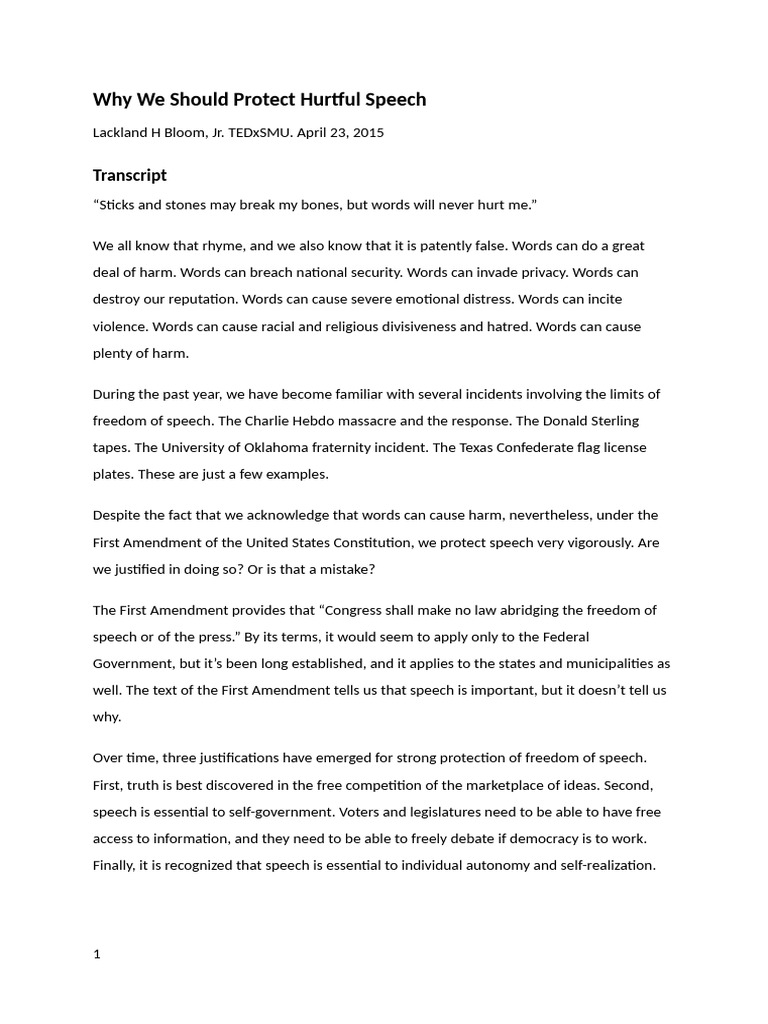 Tedx Talks. (2015) - Why We Should Protect Hurtful Speech TRANSCRIPT | PDF